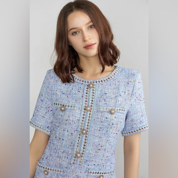 J.ING | Dresses | Jing Librada Tweed Blue Button Short Sleeve Mini ...
